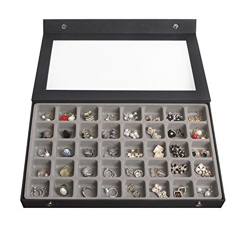 JackCubeDesign 40 Compartments Jewelry Display Tray Showcase Organizer Storage Box Slots Holder for Earring, Ring with Acrylic Cover(Black, 16.97 x 9.7 x 1.65 inches) â :MK333A