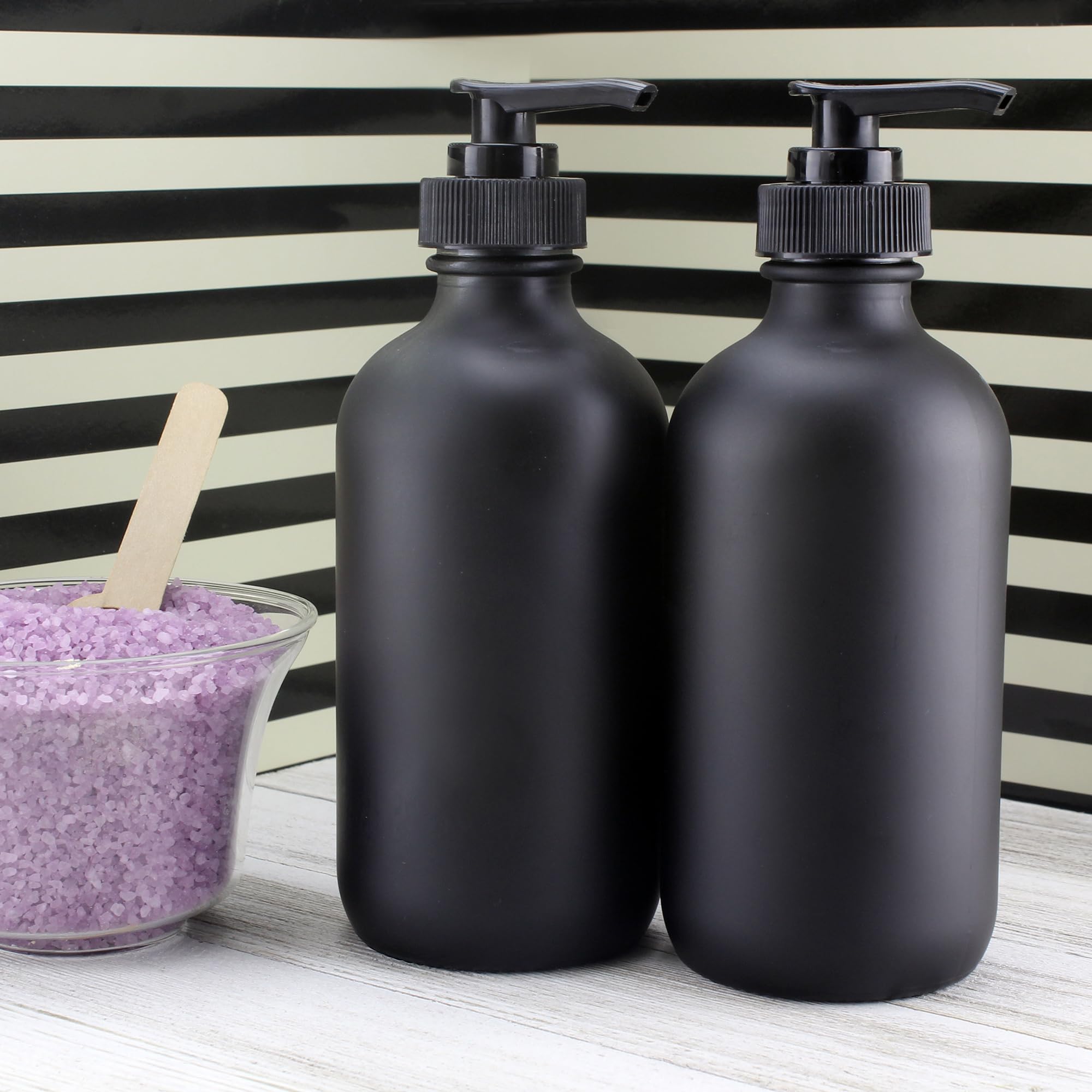 Cornucopia Brands Black Coated 8-Ounce Glass Pump Bottles (4-Pack), Great for Lotions, Liquid Soap, Aromatherapy and More