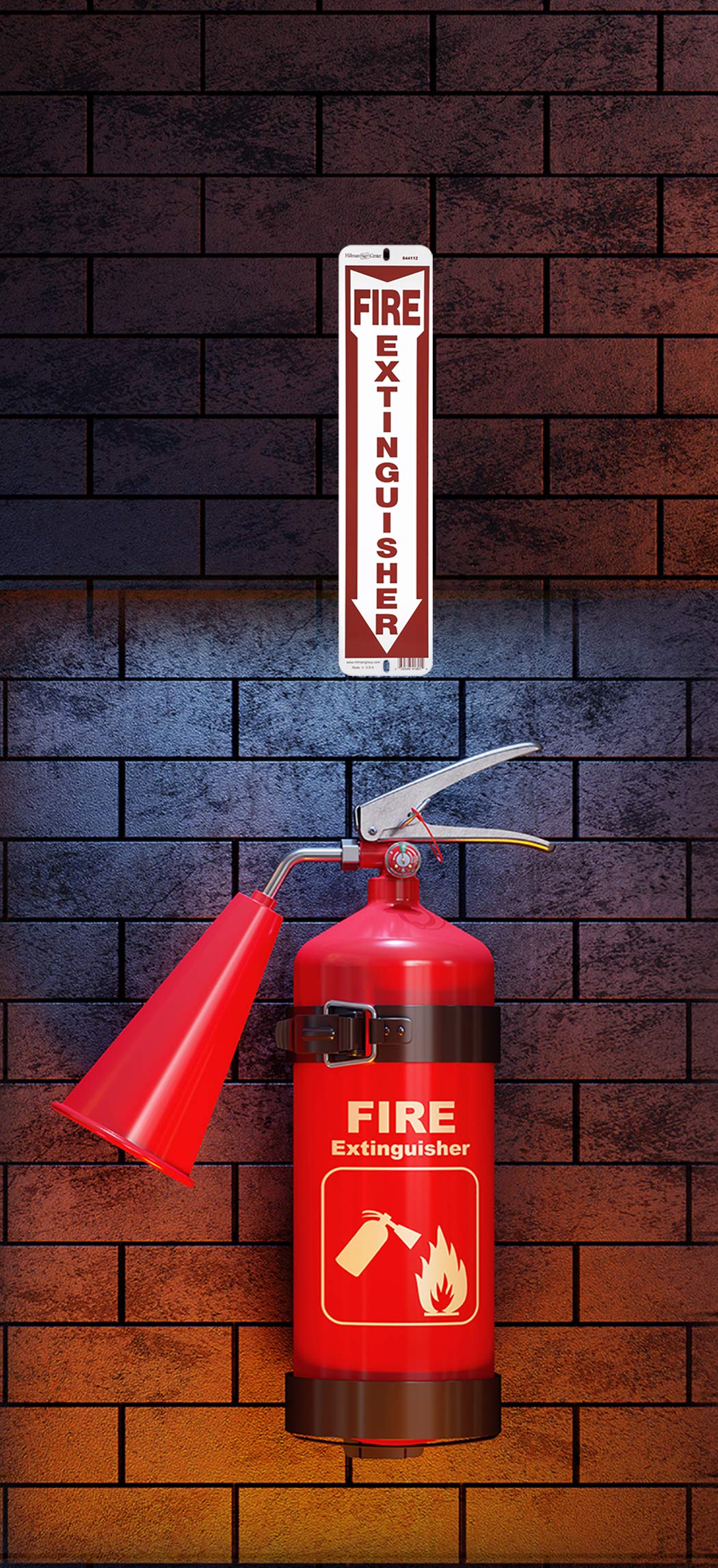 Hillman 844112 White and Red Aluminum Fire Extinguisher Sign with Arrow Symbol, 4" x 18"