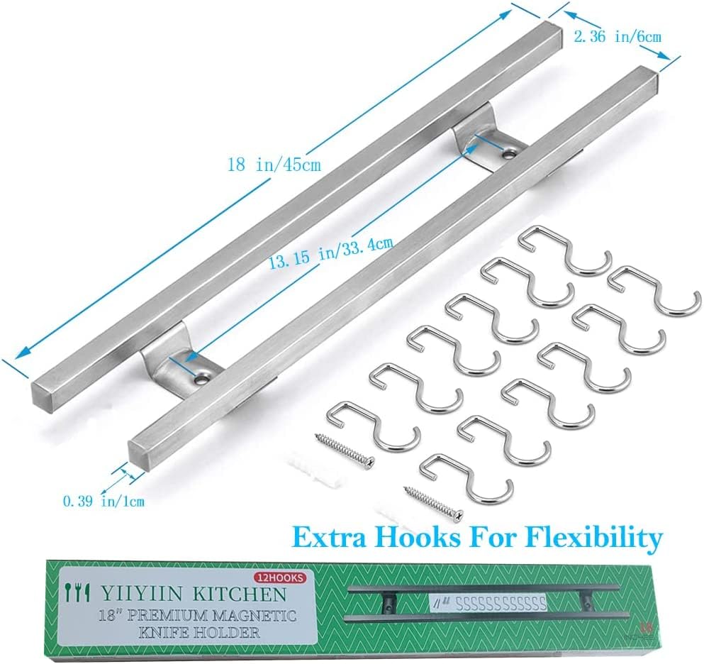 YIIYIIN 18 Inch Magnetic Knife Holder with Hooks - Magnetic Kitchen Knife Bar - Magnetic Knife Strips - Magnetic Utensil Holder - Kitchen Utensil Hanger - Kitchen Organizer