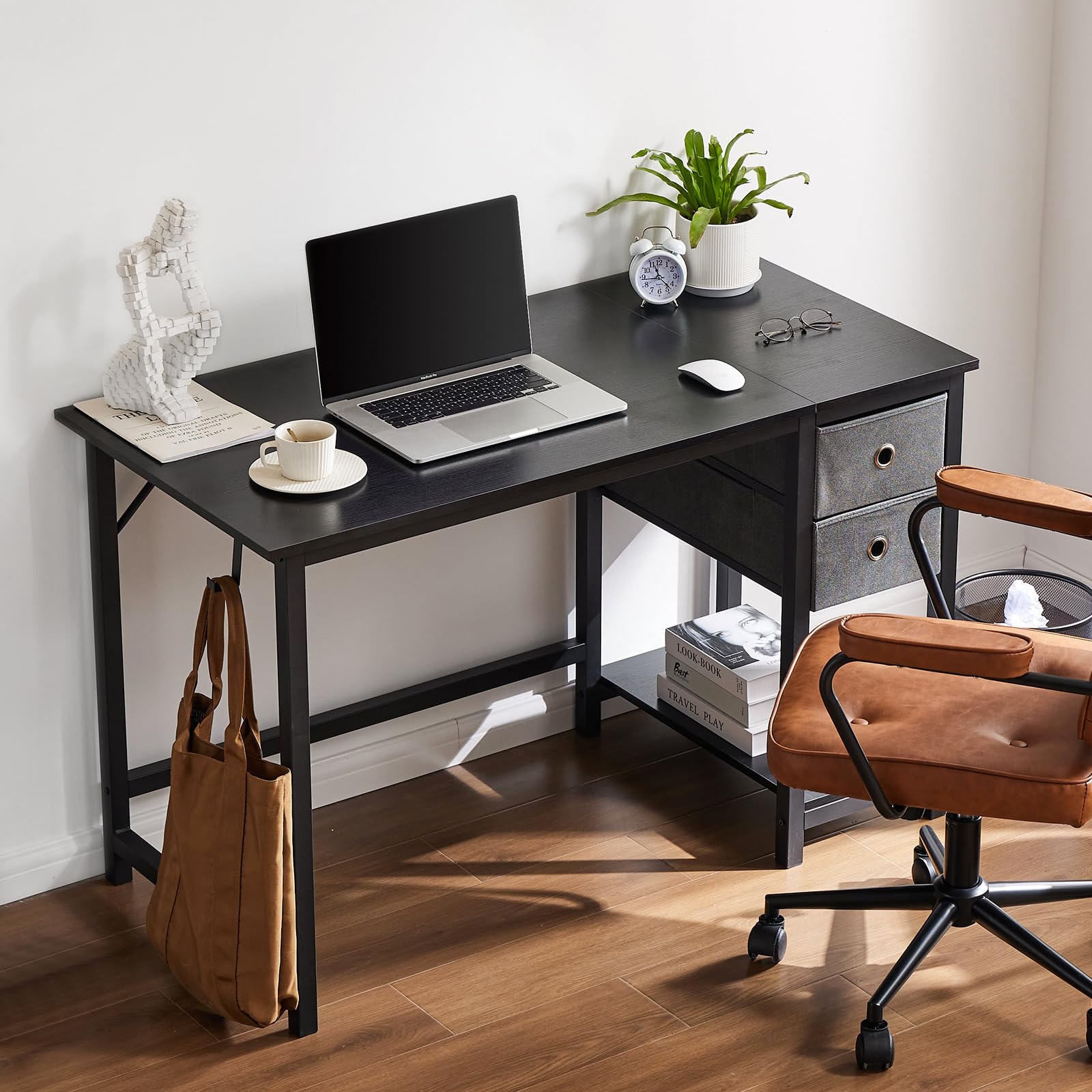 DUMOS Computer Small Desk with Drawers 40 Inch Office Bedroom Kids Writing Work Study 2-Tier Storage Drawers & Shelf Simple Modern Wood Table