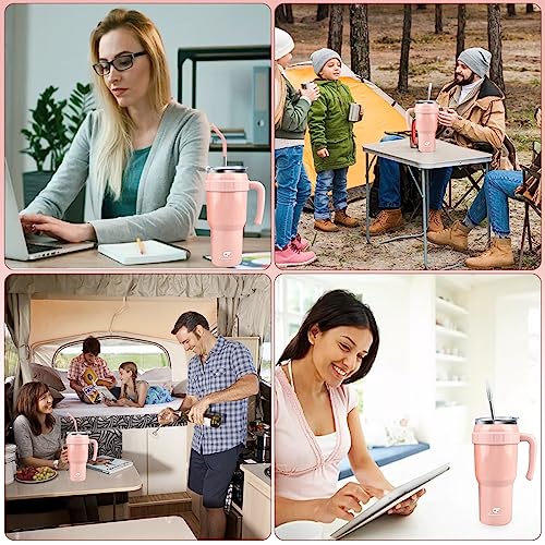 Camicour 40 Oz Tumbler With Handle Insulated Travel Mug With Straw,Reusable Stainless Steel Water Bottle Travel Mug Iced Coffee Cup,Keeps Drinks Cold Up To 34 Hours Or Hot For 12 Hours (Pink)