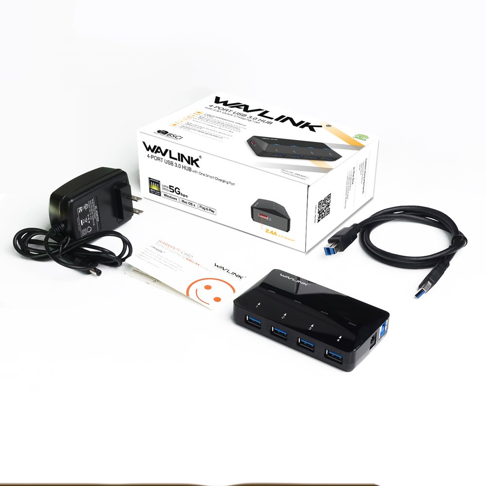 USB Powered Charging Hub,Wavlink USB Hub with 4 USB 3.0 Data Ports and 1 USB Smart Charging Port up to 2.4A,12V/2A Power Adapter, USB Splitter Support for Laptop,PC,Mac,Windows