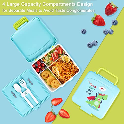 Bento Lunch Box for Kids, Dinosaur Lunch Box with 4 Compartment Bento,1300ml Lunch Containers with Sauce Jar, Spoon&Fork, Durable, Leak Proof, Dishwasher Safe, BPA-Free and Food-Safe Materials (Blue)