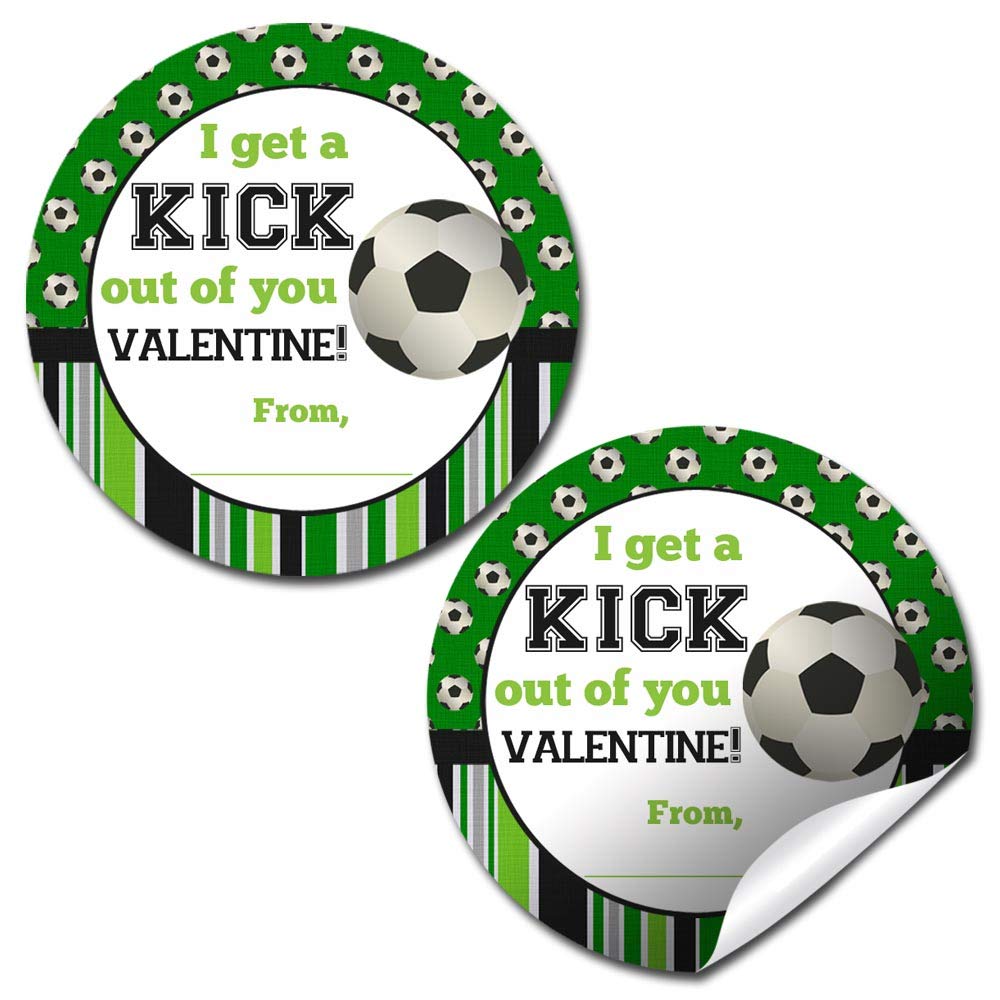 Kick Out of You Soccer-Themed Valentine Party Favor Sticker Labels, 40 2" Party Circle Stickers by AmandaCreation, Great for Classroom Valentines, Envelope Seals, Gifts & Treats