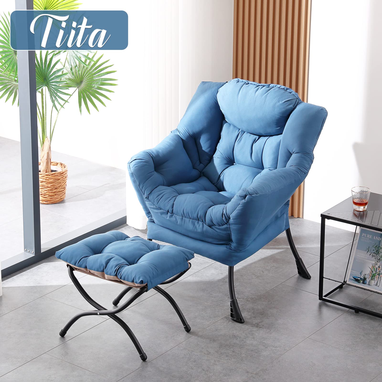 Tiita Lazy Chair with Ottoman, Modern Large Accent Lounge Chair, Leisure Sofa Armchair/Reading Chair with Footrest for Bedroom, Living Room, Dorm Rooms, Garden and Courtyard