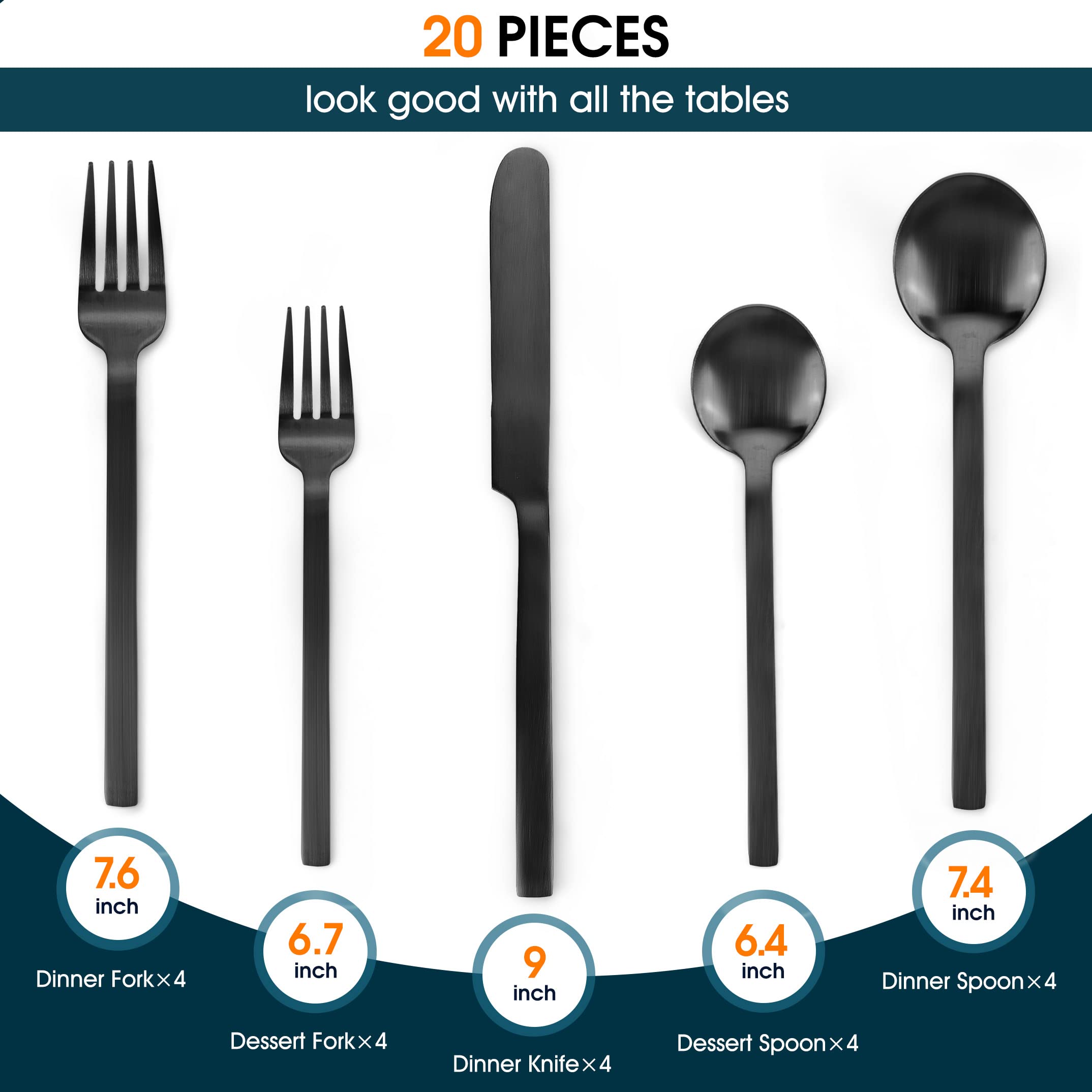 Barbbon 20 Pieces Matte Black Silverware Set,Stainless Steel Black Flatware Set, Food-Grade Cutlery Set for 4,Satin Finished Tableware Eating Utensil Set, Dishwasher Safe