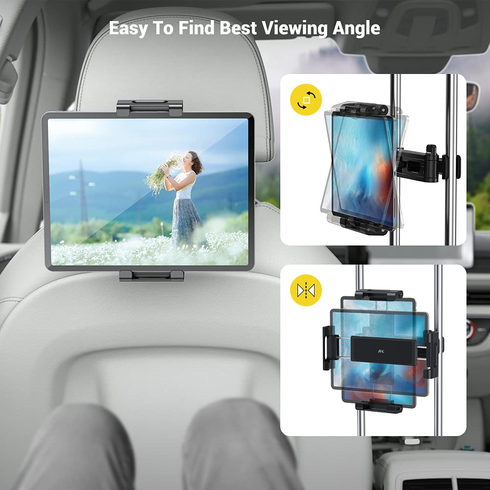 AHK Car Headrest Mount Holder, for iPad Pro/Air/Mini, Tablets, Nintendo Switch, iPhone, Samsung Galaxy/Note, Smartphones, Compatible with 4.5" to 10" Device, 360° Rotation