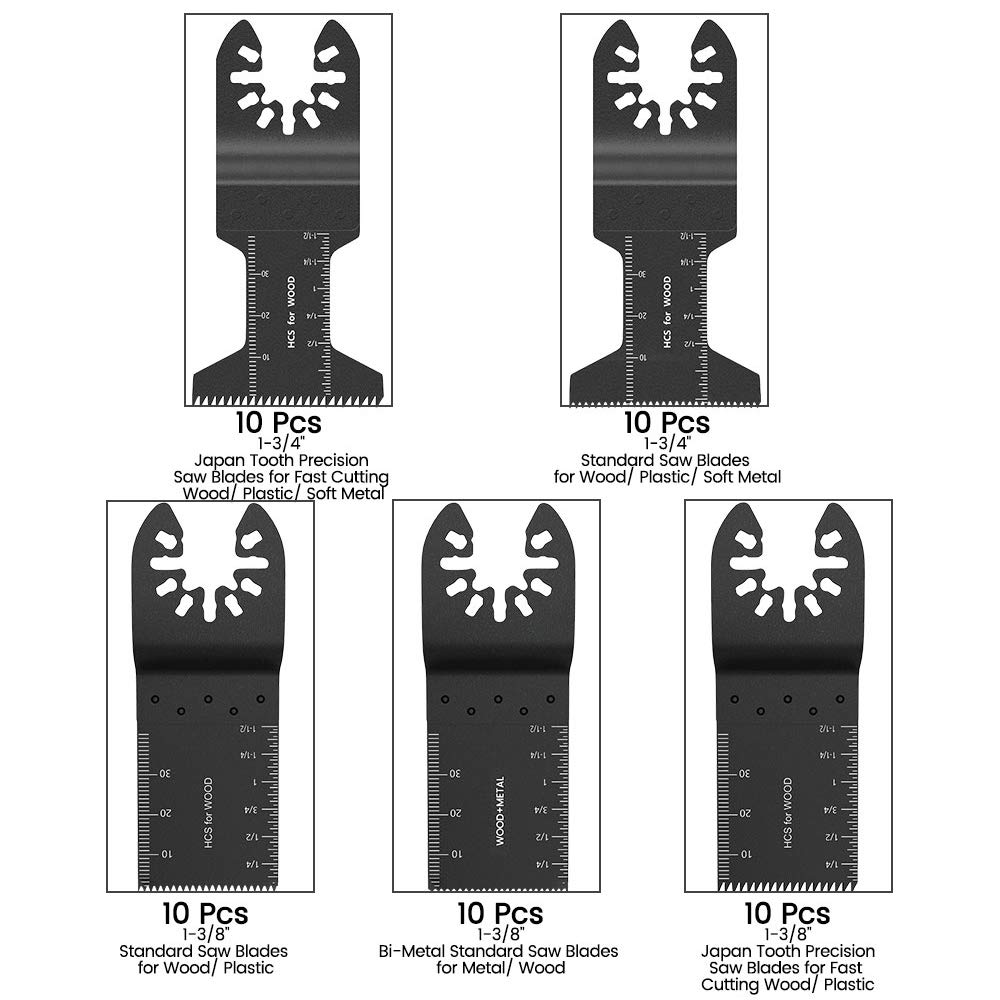 50Pack Oscillating Saw Blades, Wood and Bi Metal Cutting Quick Release Premium Multitool Blades Kit Fit Fein Multimaster Porter Cable Black & Decker Bosch Dremel Craftsman Ridgid Ryobi Makit