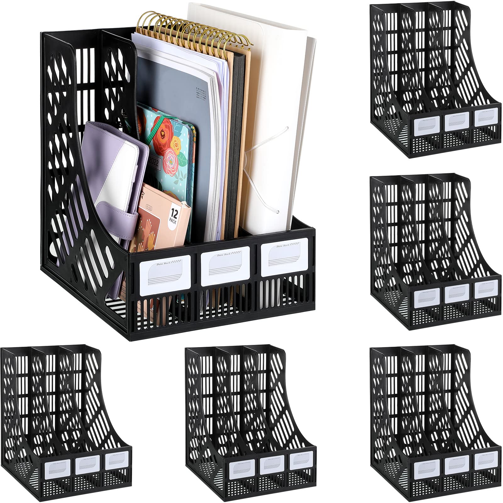 6 Pcs Magazine File Holder Sturdy Plastic Desk Organizers and Storage File Folder for Office Black Organization Binder Organizer with 3 Vertical Compartments for Home, Desk, School