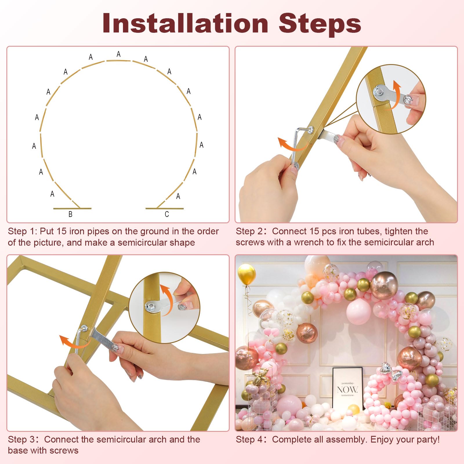 Fikowo Metal Balloon Arch, Round Arch Backdrop Stand 8 FT(2.5M) Large Golden Circle Arch Frame with Base for Birthday, Wedding, Party, and Baby Shower Photo Background Decorations (Gold)