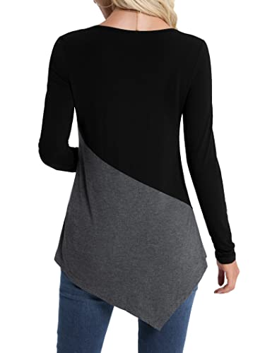 DJT Women's Long Sleeve Tunic Shirts Scoop Neck Hanky Hem Color Block Stretch Casual Fall T Shirt Tops XL Black Heather Grey