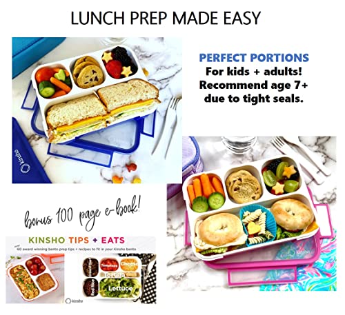 Bento Lunch-Box for Kids and Adults: Leakproof Lunch Boxes with 4 Compartments, Divided Containers for Boys Girls Women Men - School Work Portion Container, Utensils, Blue + Rose Pink Set