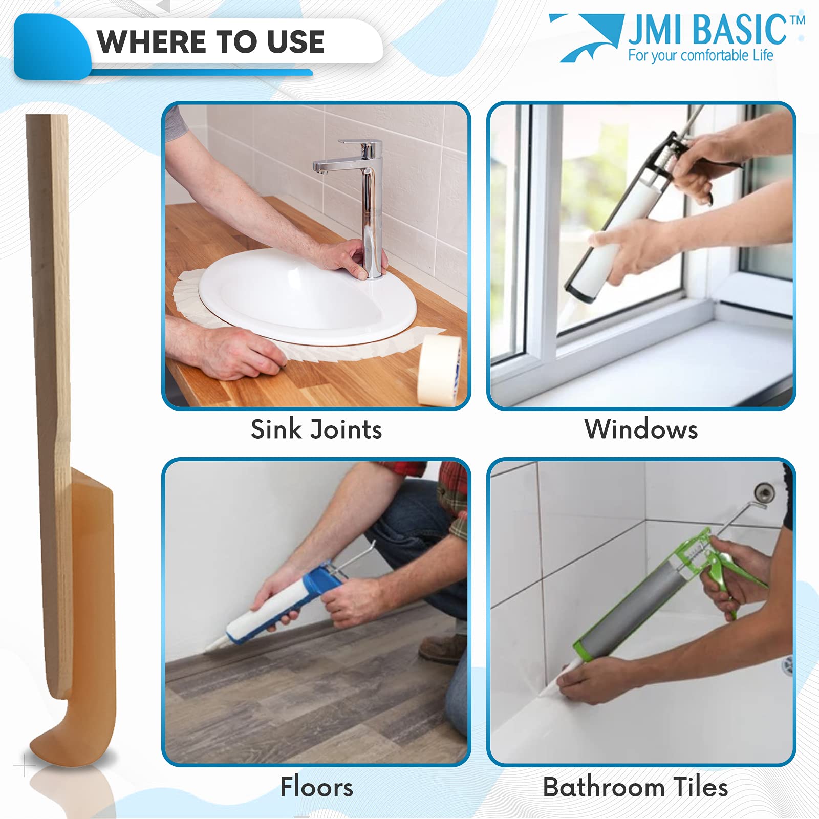 JMIBASIC Grout Caulk Finishing Tool - Multi Size 4 Pieces Set - Smooth Grout Sealant Silicone Caulking Tool - Rubber Spatula Spreader - Grout Sealer Applicator - Ergonomic Handle Grip_ABS (1.1 Inch)