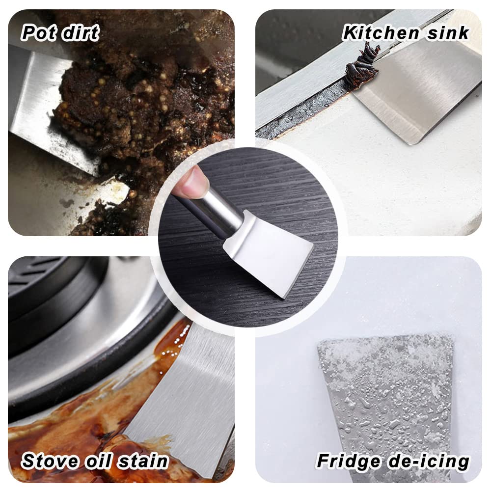 Kitchen Stove Cleaning Brush + Scraper Tool Set, Brass Wire Brushes for Range Hood Grease Grime, Rust Cleaner Heavy Duty Stainless Steel Putty Scraper for Gas Burners Cooktop Pot Pan (Brush + Scraper)