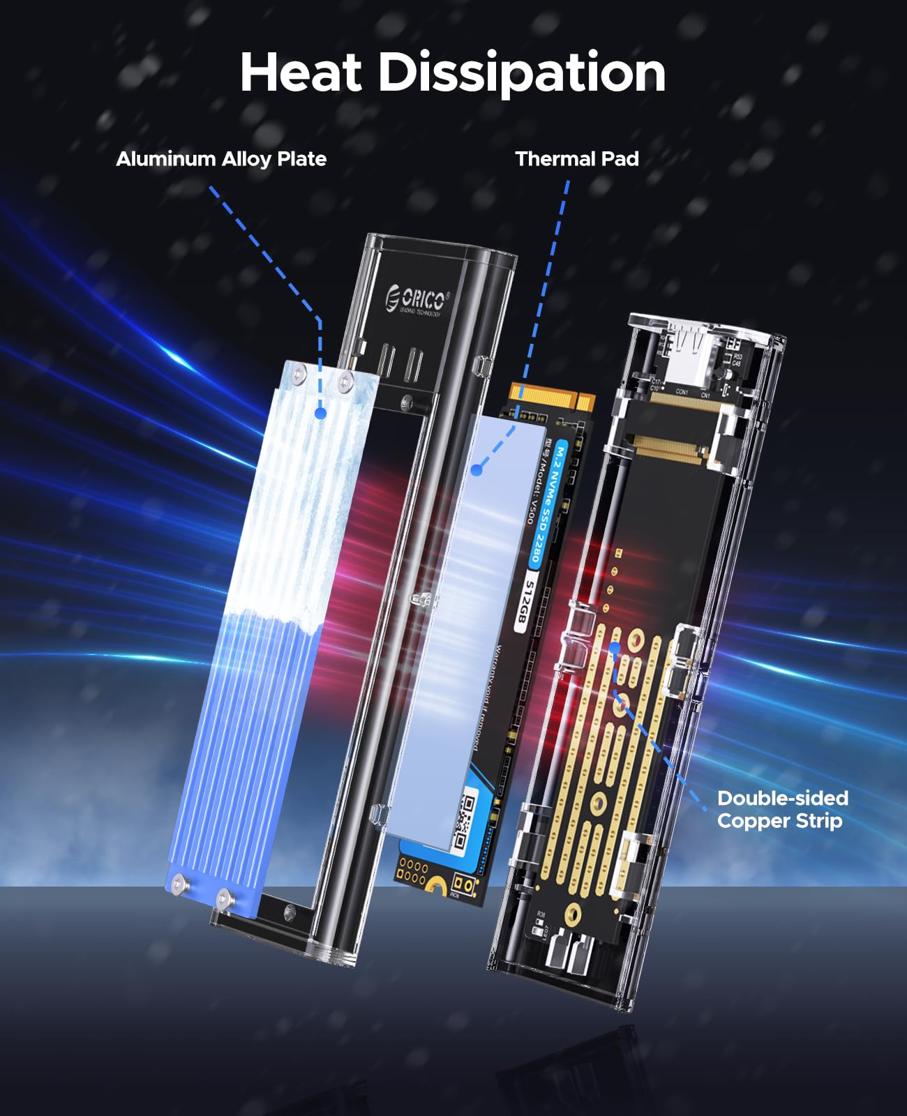 ORICO M.2 NVMe SSD Enclosure, USB 3.2 Gen 2 (10 Gbps), Transparent External Solid State Drive Adapter Enclosure for 2280 2260 2242 2230 PCI-E M2 M-Key SSD, USB Type C Converter Case-TCM2 Blue