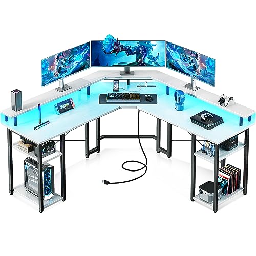 Coleshome L Shaped Gaming Desk with LED Lights & Power Outlets, Reversible 56" Computer Desk with Full Monitor Stand & Storage Shelves, Ergonomic Home Office Corner Desk, White