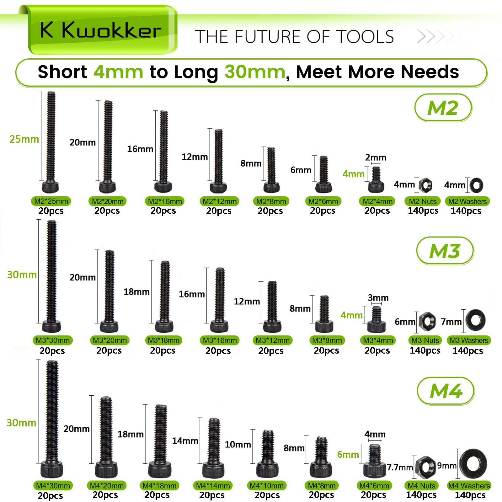 K Kwokker 1710Pcs Metric Bolt Assortment M2 M3 M4, 21 Sizes 4MM to 30MM Upgraded Zinc Plated Hex Socket Head Cap Machine Screws, 12.9 Alloy Steel Bolts and Nuts Kit Screws Nuts and Washers