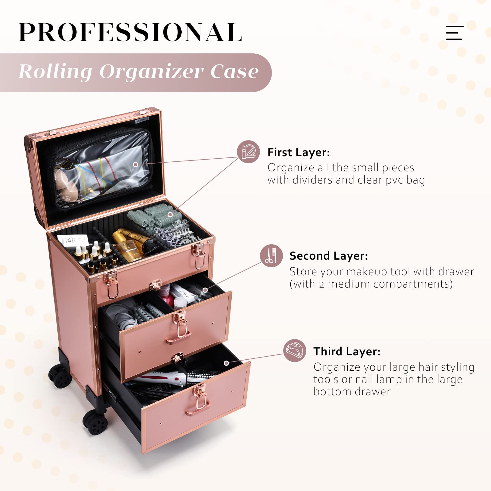 Adazzo Professional Rolling Makeup Train Case with Drawers, Large Cosmetic Trolley with Locks, Cosmetics Storage Organizer Make up Case for Travel Makeup/Nail Art/Hair Styling, Matte Gold