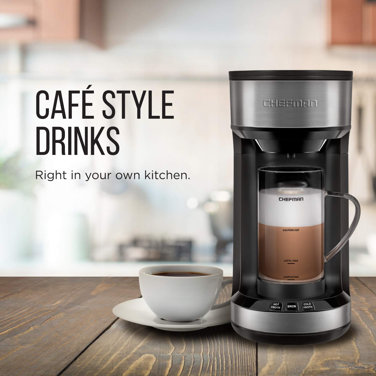 Chefman Froth + Brew Coffee Maker and Milk Frother Single Serve Brewer for K-Cup Pods & Grounds for Latte and Cappuccino Style Drinks, Compact 20 oz. Glass Mug and Reusable Filter Included, 21 oz