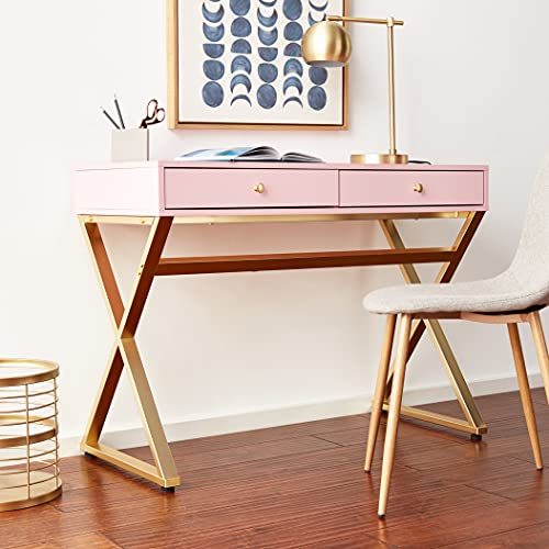 Acme Coleen Wooden Top Writing Desk with 2 Drawers in Pink and Gold