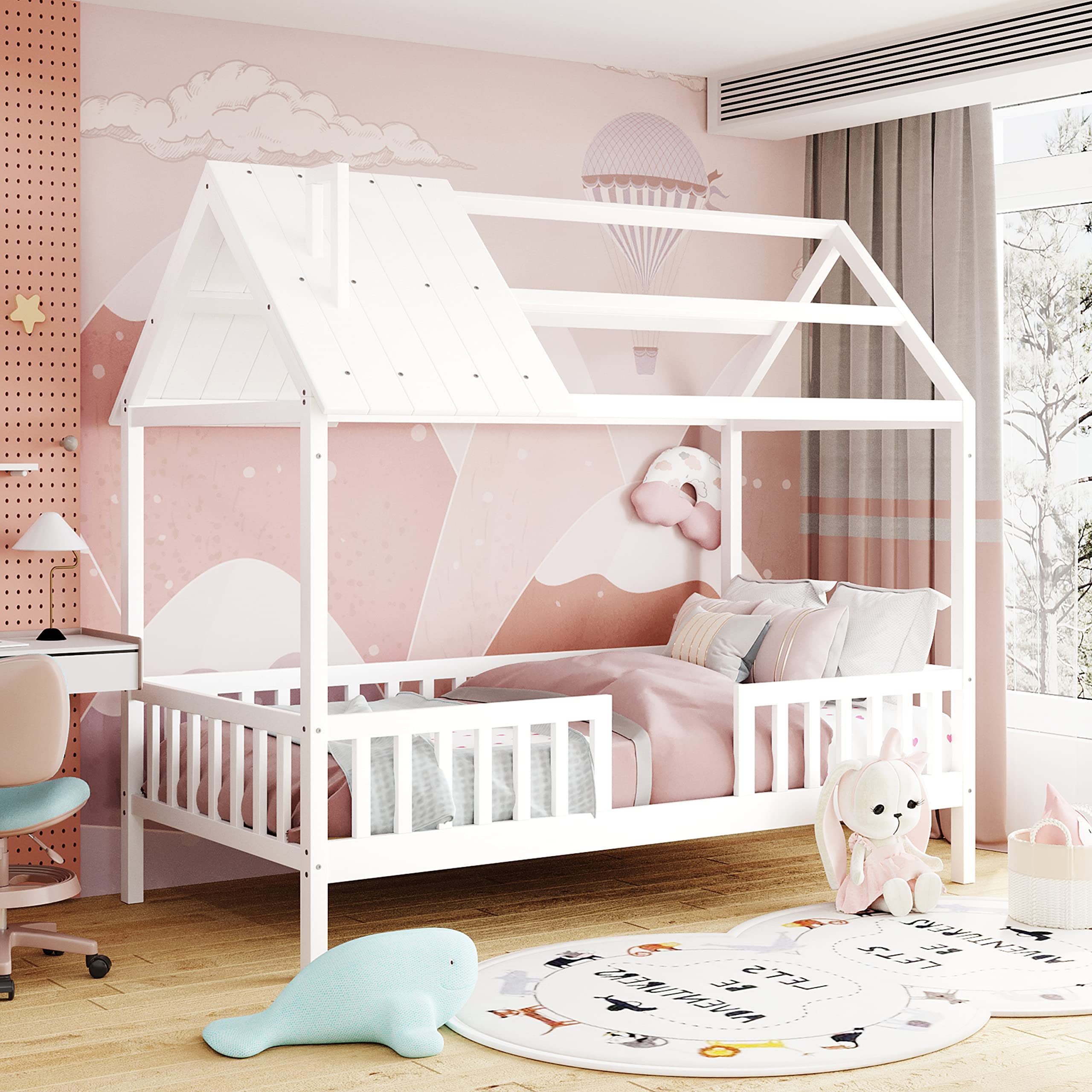 VilroCaz Twin Size Wood House Bed with Safety Full-Length Fence, Playhouse Design Tent Bed Platform Bed Frames with Roof, Strong Sturdy Wood Slats Support for Kids, Girls & Boys (White-Twin)