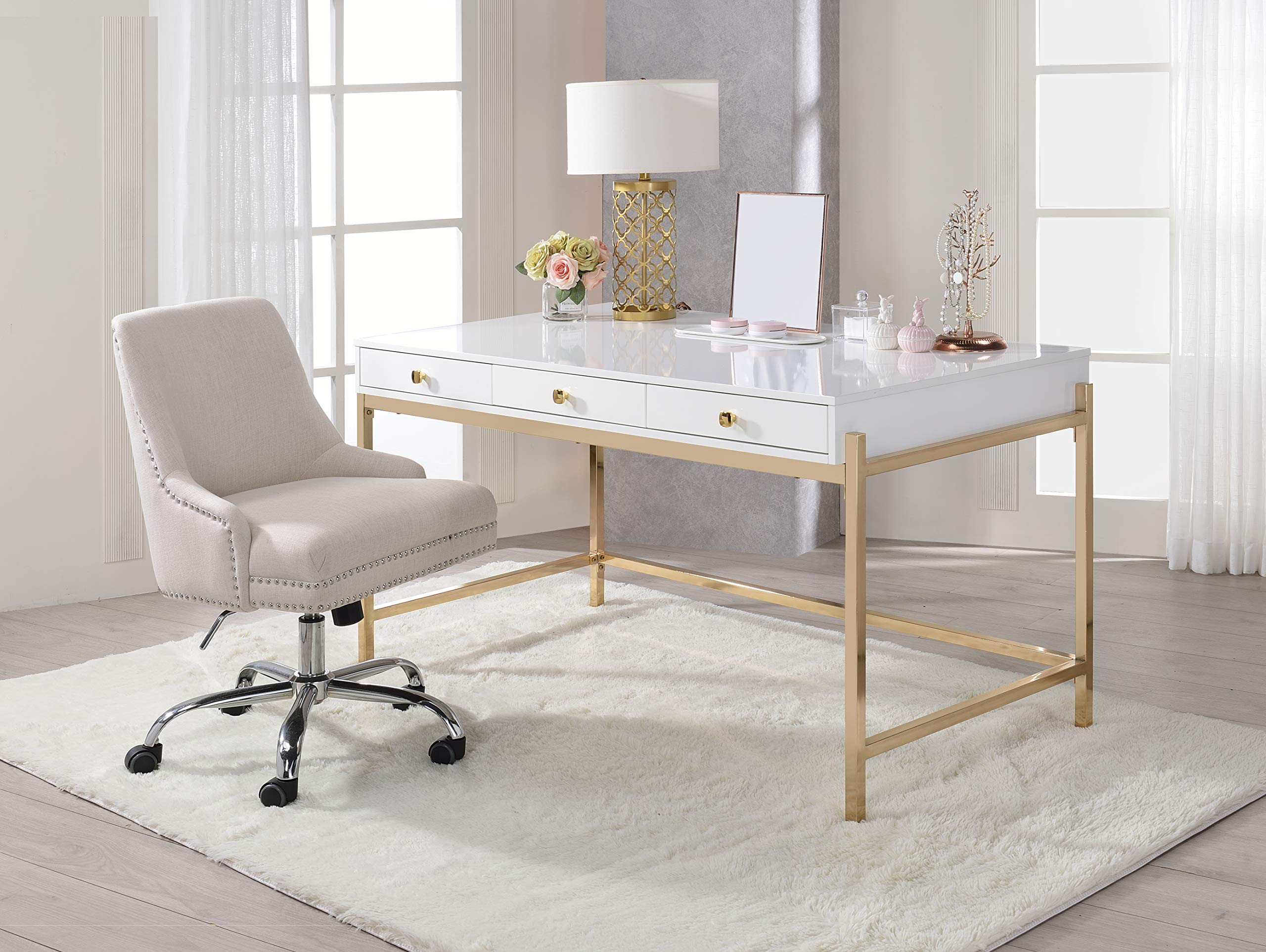 Acme Ottey Wooden Top Writing Desk with 3 Drawers in White High Gloss and Gold