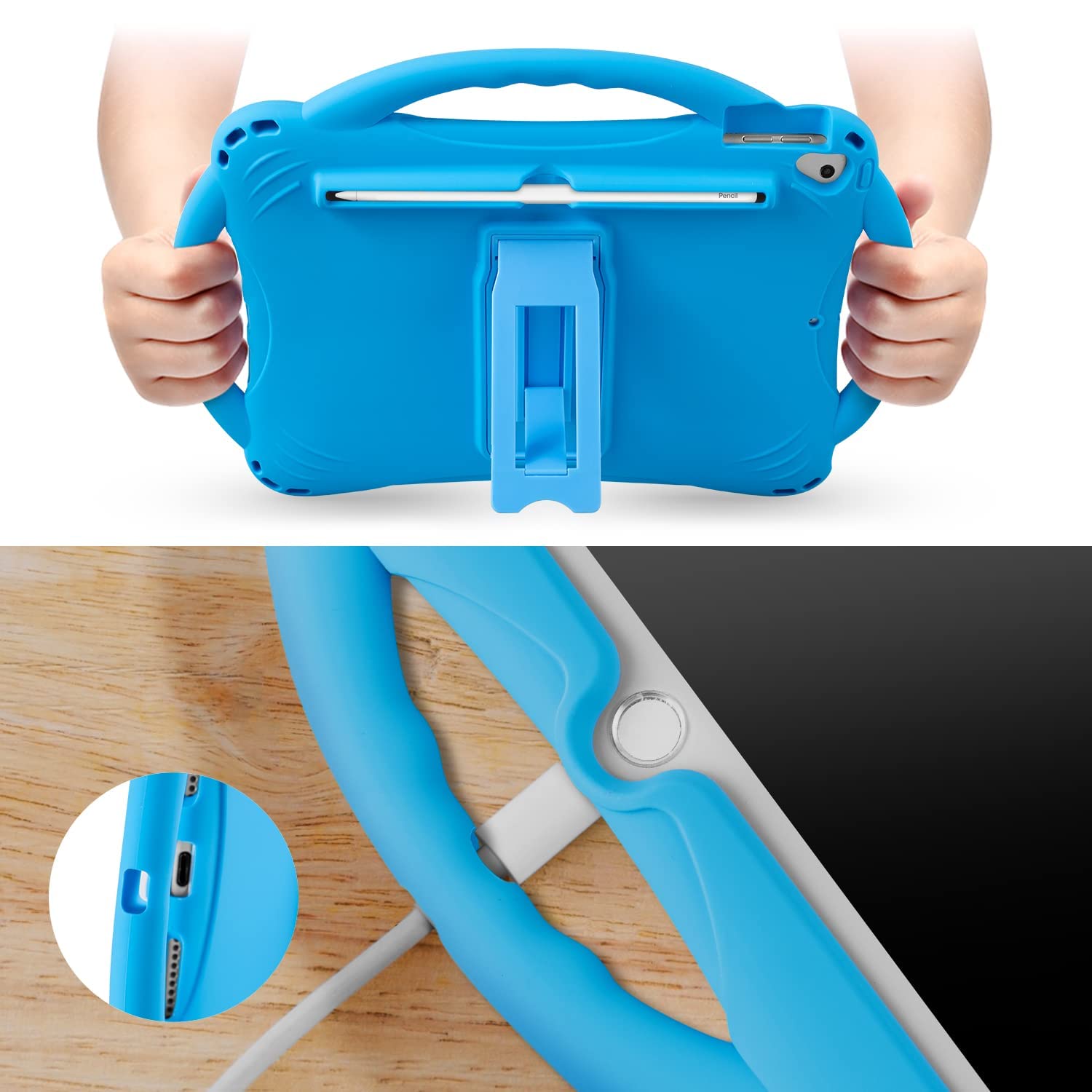 TopEsct Kids Case for iPad 10.2 inch - Shockproof Silicone Cover with Tempered Glass Screen Protector and Strap - Compatible with iPad 9th/8th/7th Gen (2021)"(Blue)
