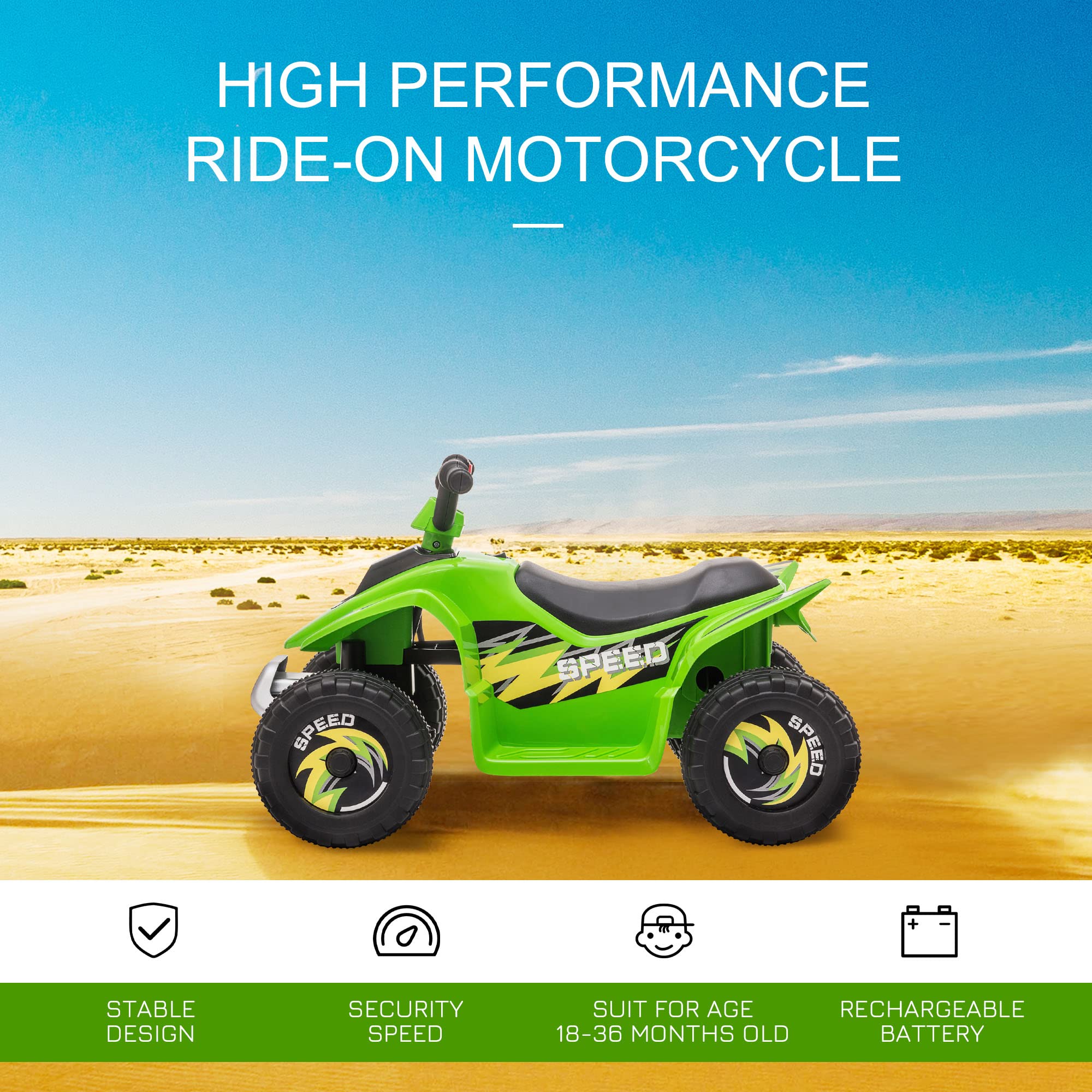 Aosom 6V Kids ATV 4-Wheeler Ride on Car, Electric Motorized Quad Battery Powered Vehicle with Forward/Reverse Switch for 18-36 Months Old Toddlers, Green