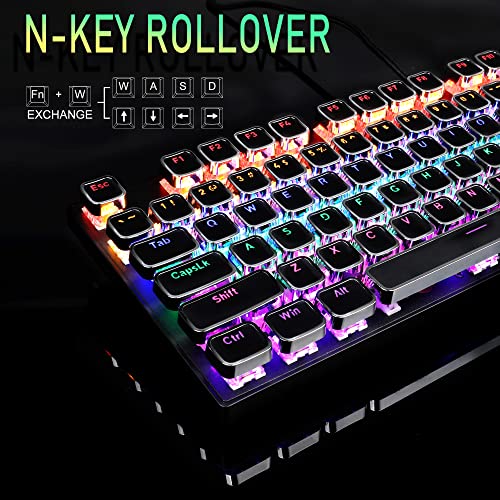 Camiysn Typewriter Style Mechanical Gaming Keyboard, Black Retro Punk Gaming Keyboard with RGB Backlit, 104 Keys Blue Switch Wired Cute Keyboard, Unique Square Keycaps for Windows/Mac/PC