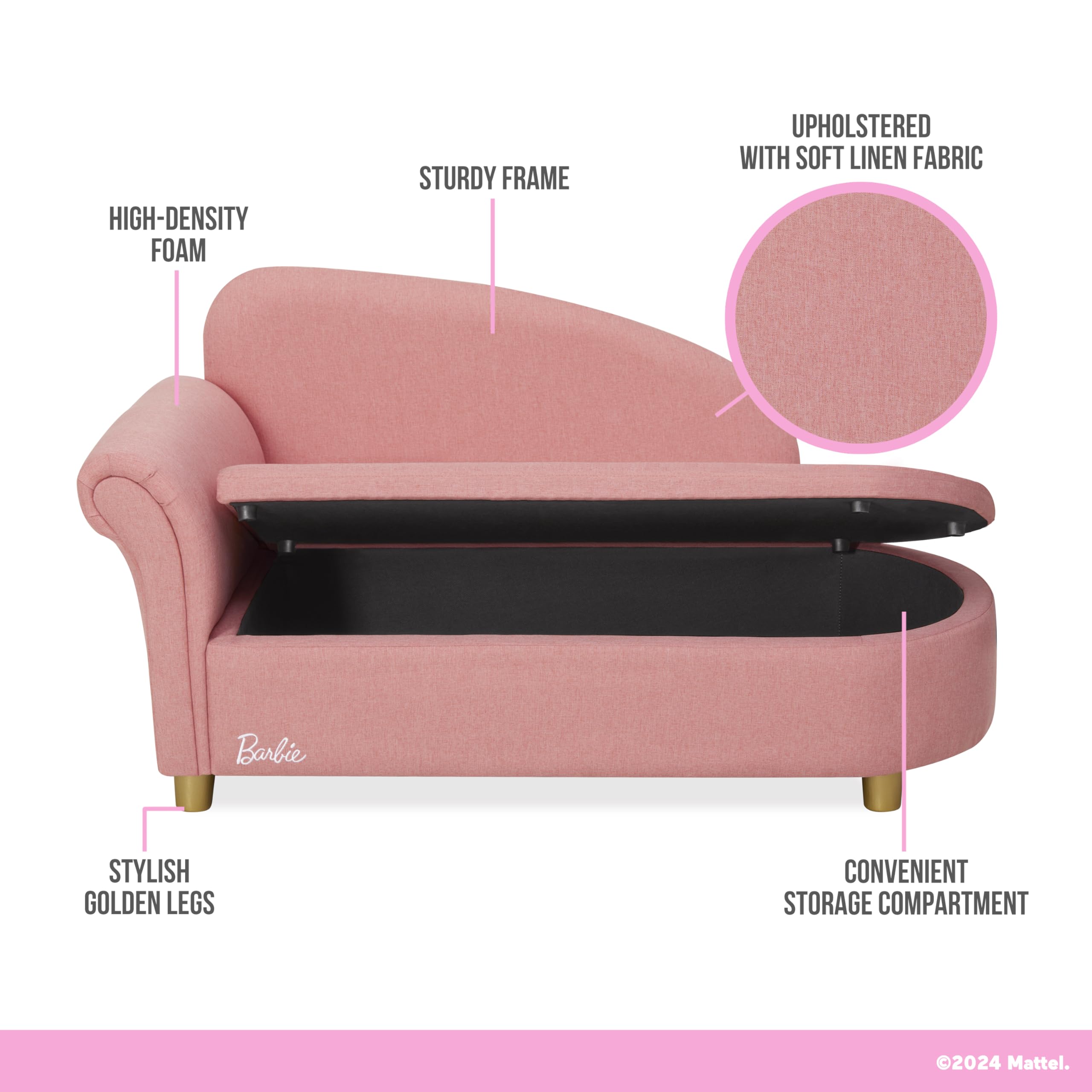 Evolur Barbie Dream in Pink Chaise Lounge, Wrapped in Soft & Durable Linen Upholstery, Ample Storage Below The seat, Comfortable Rolled arm Rest with Stylish Raised Back Rest