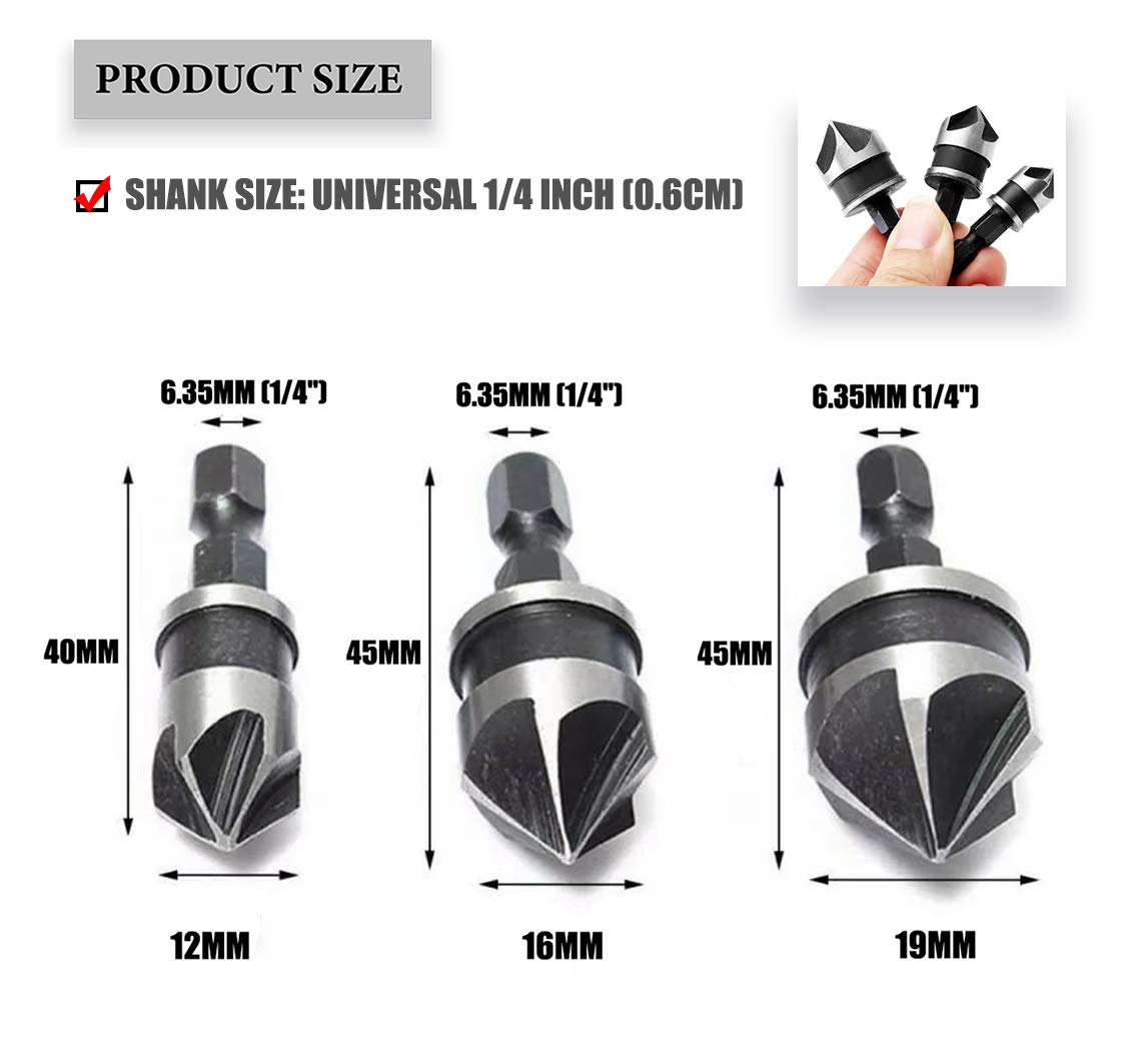 Tomato Palace Countersink Drill Bit Set 3 PCS High Carbon Steel Universal 1/4 inches Hex Shank Countersink Drill Bit Set for Wood + Spring Loaded Automated Center Punch