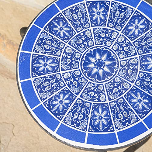 Christopher Knight Home Slate Outdoor Ceramic Tile Side Table with Iron Frame, Blue / White