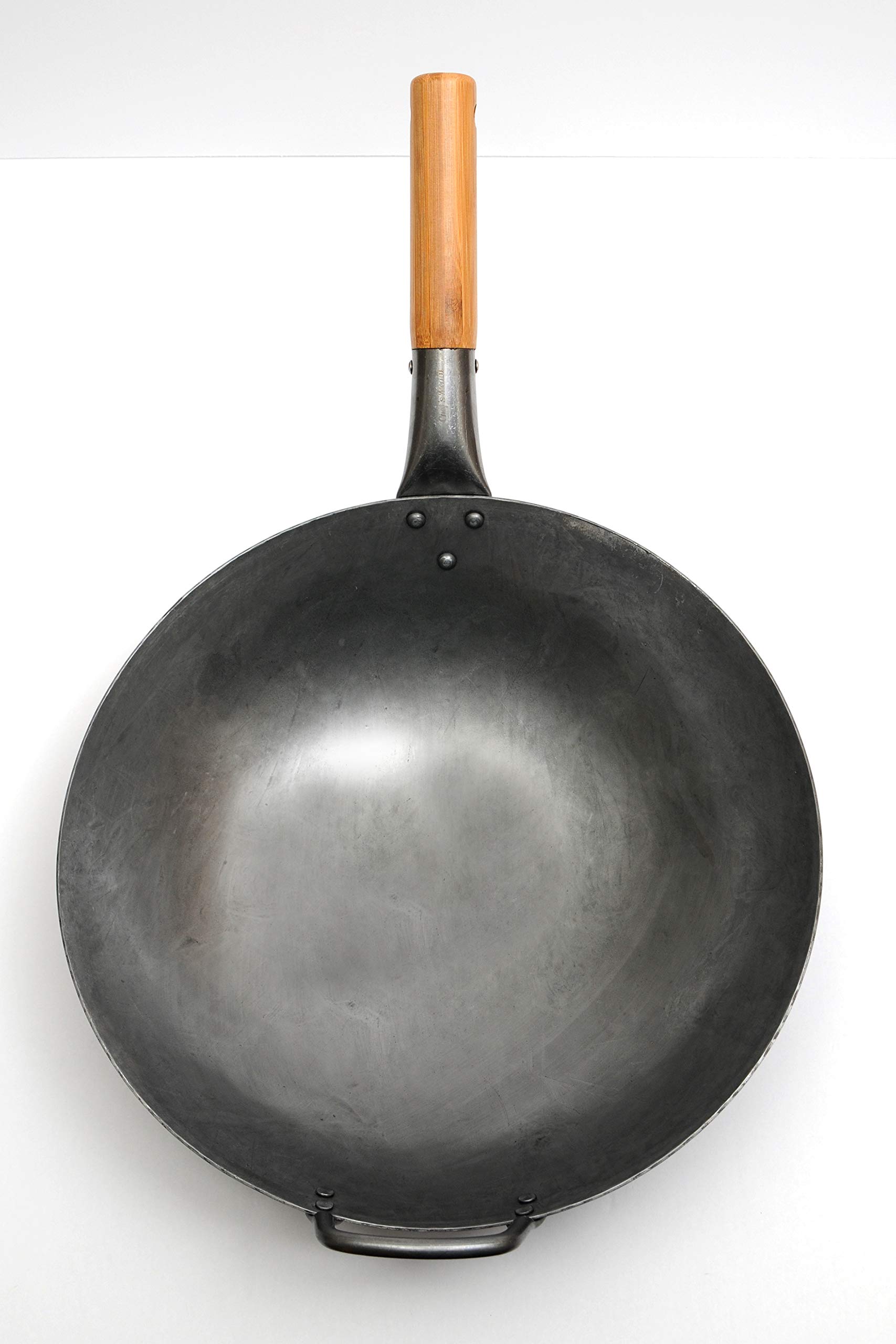 Chef's Medal Traditional Hand Hammered Carbon Steel Pow Wok with Bamboo and Steel Helper Handle - 14 Inch, Round Bottom