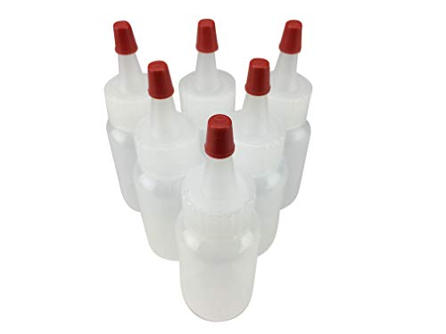 Hobbyland Squeeze Bottles, LDPE Plastic Bottles, Natural Boston Round Bottles, Yorker Spout Red Caps, Tips have .30 Hole (1oz, 20/410 Neck, 6 Bottles)