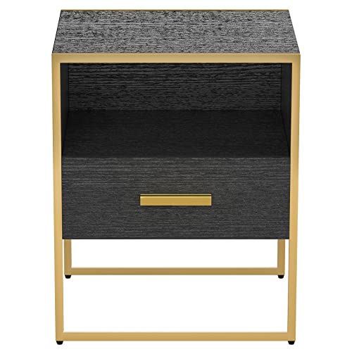 Black Nightstand Set of 2 with 1 Drawer and Open Storage, Black and Gold Modern Night Stands, Wooden Storage Bedside Tables with Metal Frame, Small End Side Table for Bedroom, Living Room