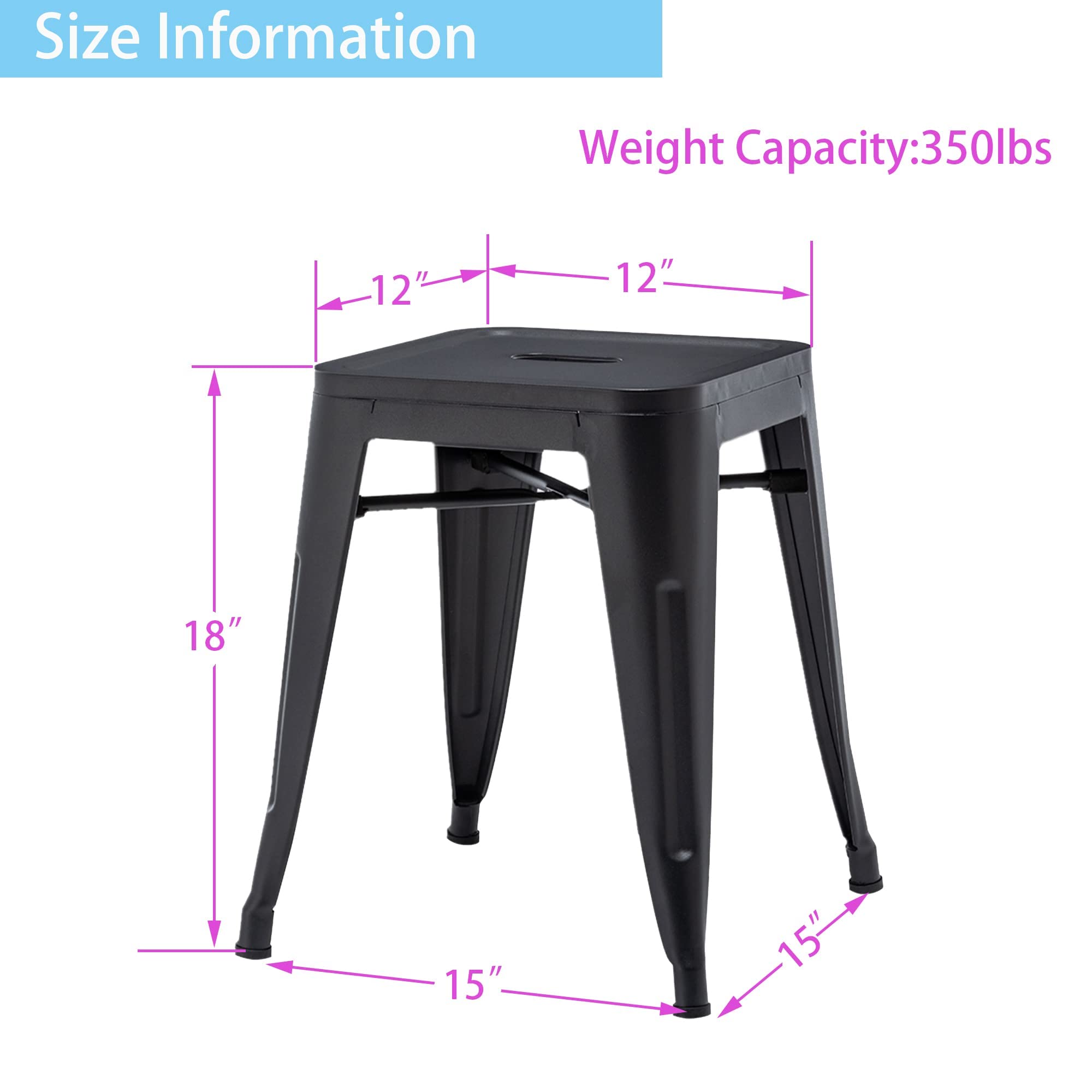 Changjie Furniture 18 Inch Stools Backless Industrial Metal Bar Stools Kitchen Stackable Stools Short Stools School Classroom Stools Metal Dining Chairs Set of 4 (18 inch, Matte Black)