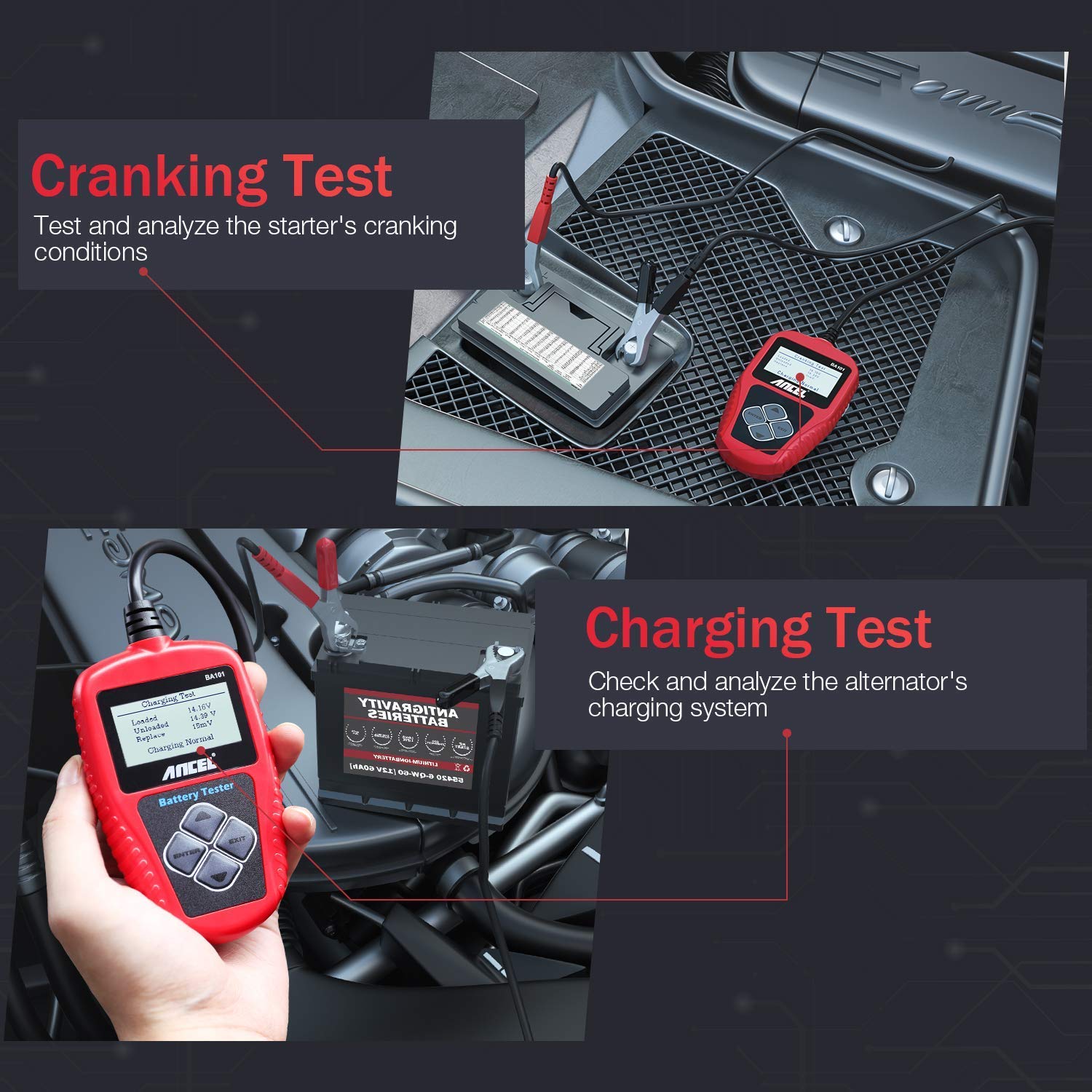 ANCEL BA101 12V 100-2000 CCA 220AH Automotive Battery Load Tester with ANCEL PB100 Circuit Probe Vehicle Diagnostic Volt Meter 12V/24V AC/DC Resistance Detector