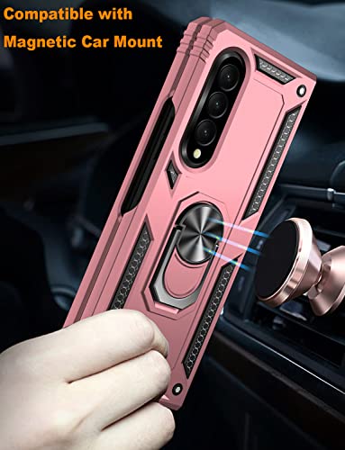 IKAZZ Galaxy Z Fold 3 Case,Samsung Z Fold 3 Cover Military Grade Shockproof Heavy Duty Protective Phone Case Pass 16ft Drop Test with Magnetic Kickstand for Samsung Galaxy Z Fold 3 Rose Gold