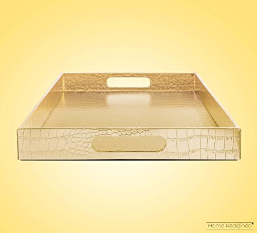 Home Redefined 18βx12β Rectangle Alligator Faux Leather Decorative Serving Tray with Handles, Gold