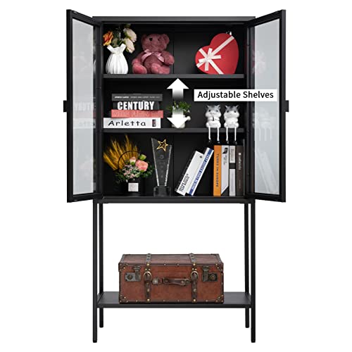 MATICO Metal Storage Cabinet, 59"(H) x30(L), Freestanding Pantry Locker, Accent Display Bookcase with Glass Doors, Modern Organizer Cupboard for Office, Living Room, Kitchen Console Sideboard, Black