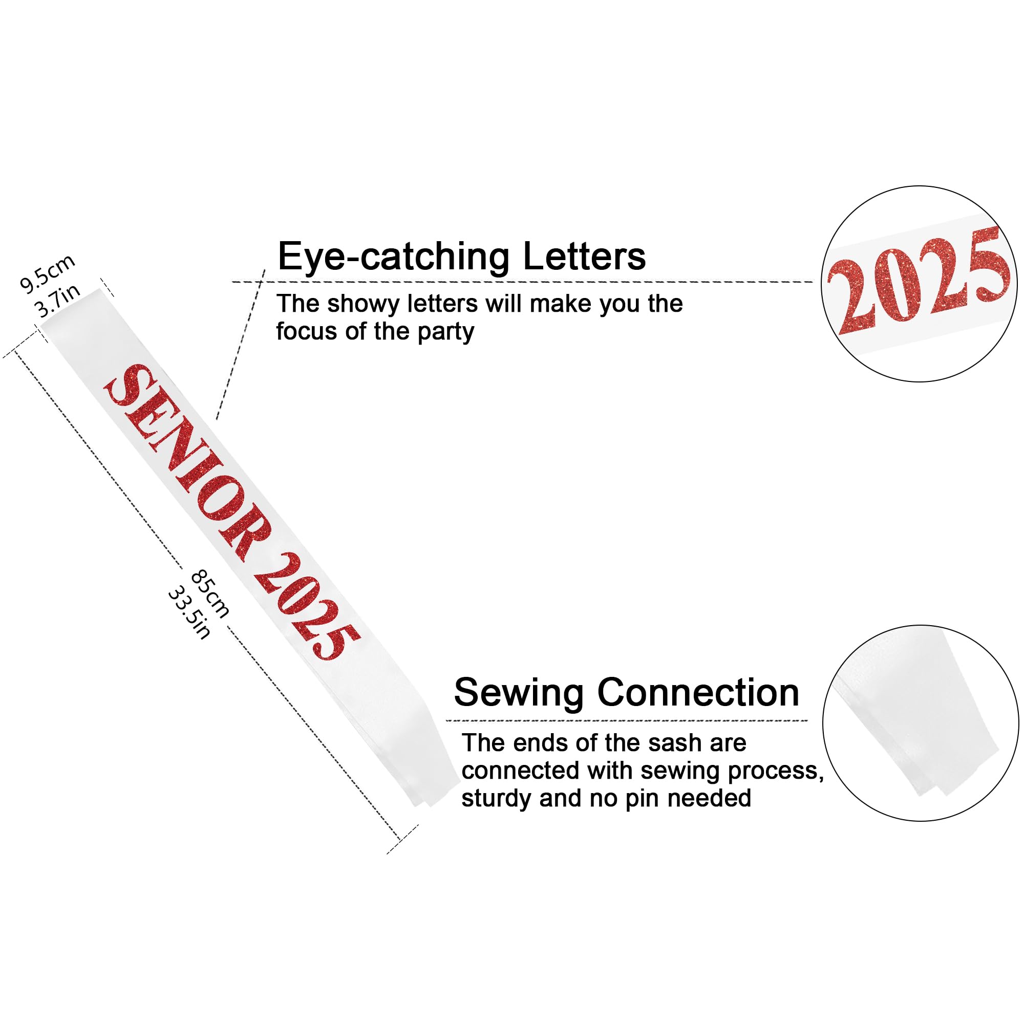 White Senior 2025 Satin Sash with Red Glitter Letters- 2025 Graduation Sash - Finally Graduated - Senior Cheer Sash - Cheerleader Sash - Competition Sash