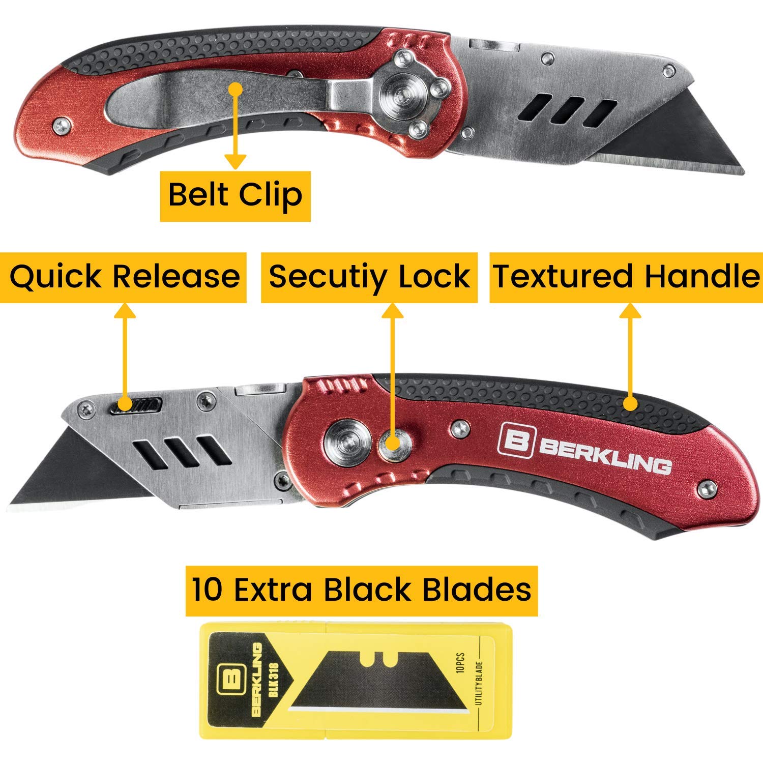Berkling Utility Knife Folding Box Cutter Retractable Heavy Duty Pocket Size w/Belt Clip, Compact Light Weight Body, Quick Change Blade, Safety Lock, 10 Laser Sharpened Ultra Sharp SK2H Black Blades