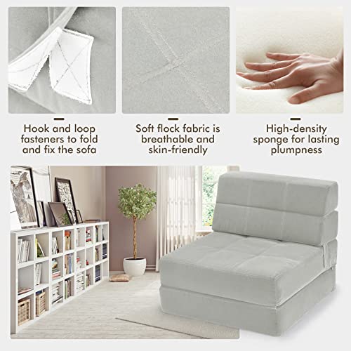 COSTWAY Triple Fold Down Sofa Bed, 3-in-1 Fold Floor Couch Lounge Sleeper with Thick Cushion, Flock Fabric, Convertible Design, Portable Single Guest Bed Mattress for Living Room Bedroom (Grey)