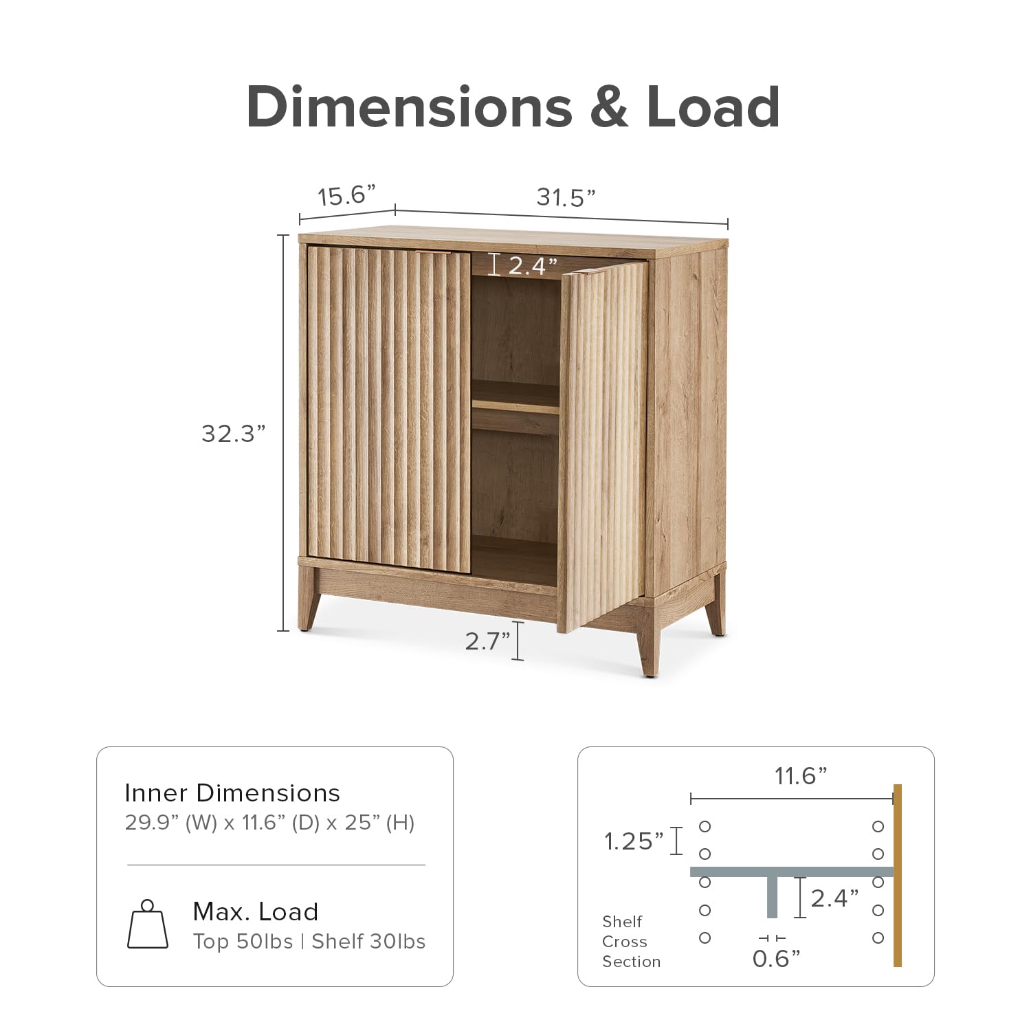 mopio Brooklyn Storage Cabinet, Modern Farmhouse Entryway Accent Cabinet, Buffet Sideboard, Credenza, Wood Modular Cabinet with Doors & Shelf, Fluted Panel, for Living Room (Oak, Single)