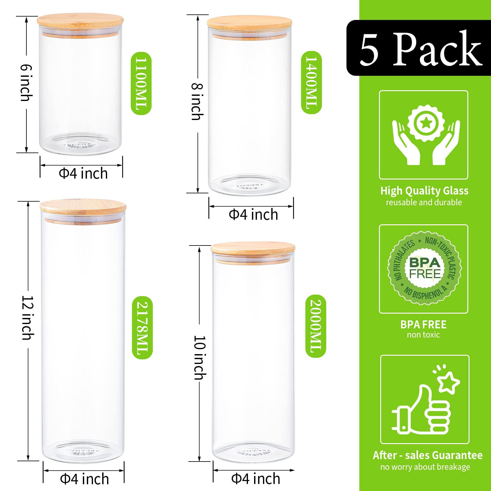 ABUVOV 5PCS Glass Storage Jars with Airtight Bamboo Lid Food Storage Containers Stackable Kitchen Cylinder Canisters for Candy, Cookie, Sugar, Flour, Pasta, Nuts and Spice Sealing and Preserving