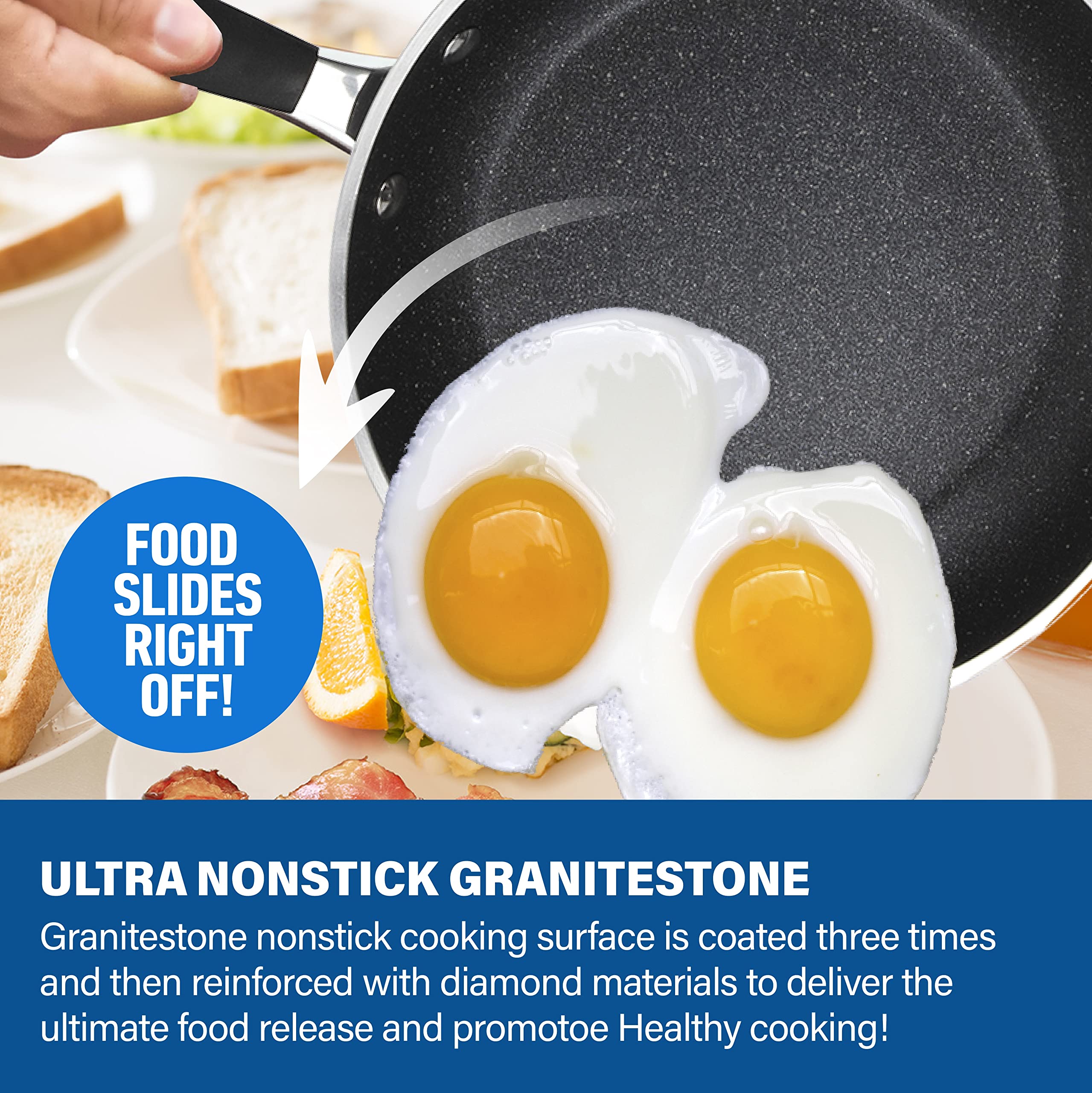 Granitestone 3 Piece Nonstick Frying Pan Set, 8”, 10” & 12” Nonstick Mineral and Diamond Triple Coated Frying Pans, Nonstick Skillet Set, Omelet Pan, PFOA Free, Dishwasher Safe, Cool Touch Handle