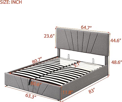 DNYN Queen Size Upholstered Platform Bed with Storage for Kids,Teen,Adults,Study Bedframe w/Wooden Slat Support,No Box Spring Needed & Easy Assembly, Gray