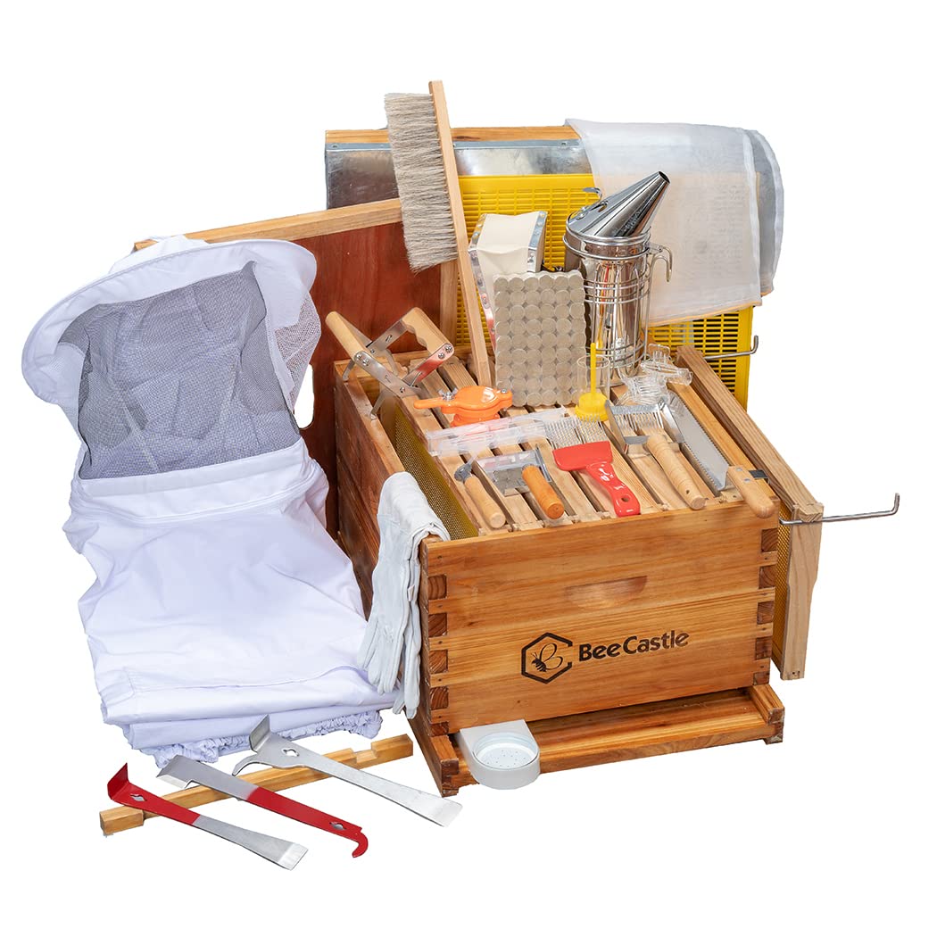 BeeCastle 10-Frame Bee Hives and Supplies Starter Kit,Beehive Kit Dipped in 100% Beeswax,Bee Keeping Supplies-All Beginners Kit Includes Beekeeping Supplies Tool Set and Bee Suit.