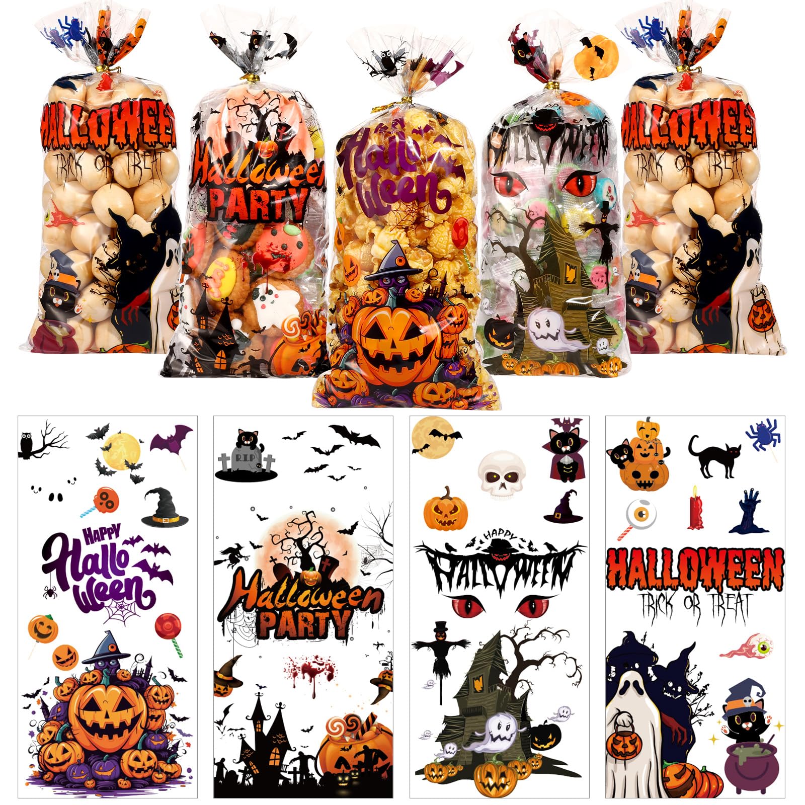 BBPOOL Halloween Treat Bags, 160pcs Halloween Cellophane Bags with Twist Ties Clear Plastic Trick or Treating Bags Halloween Goodie bags for Candy Cookies Snacks Gift Wrapping